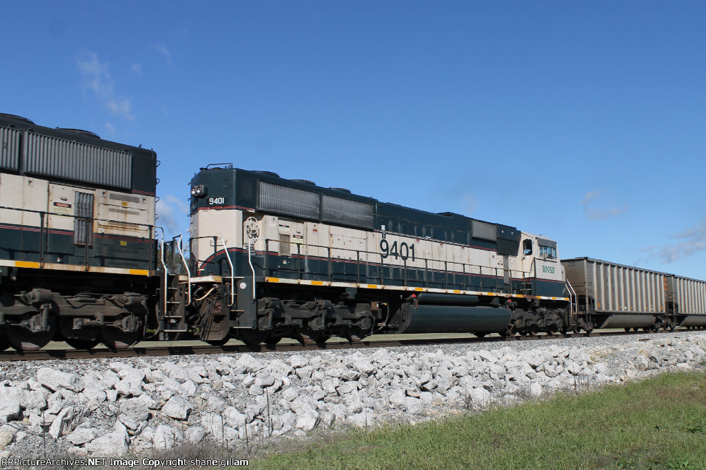 BNSF 9401 is 2nd out on a freight train.